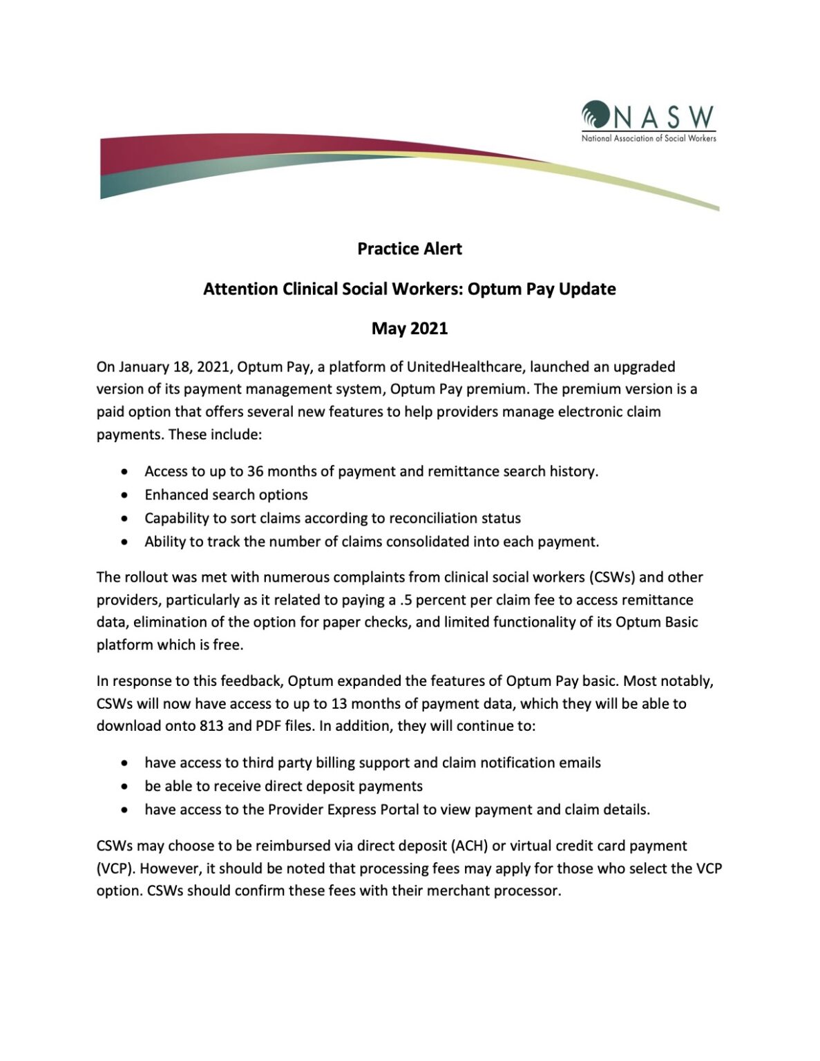 Practice-Alert-Optum-Pay-May-2021-p1 · NASWCANEWS.ORG
